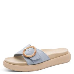 Pantolette Marco Tozzi, Damen, Gr. 37, hellblau, Textil, Veloursleder, unifarben, Schuhe Pantolette, Keilabsatz, Schlupfschuh mit seitlichem Stretcheinsatz
