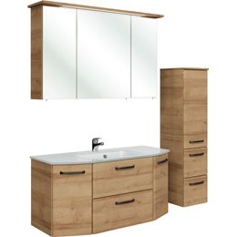 Badm&ouml;bel-Set SAPHIR "Quickset 318, mit T&uuml;rd&auml;mpfer", riviera eiche quer nachbildung, B:142cm H:200cm T:48cm, Holzwerkstoff, Kastenm&ouml;bel-Sets, Badm&ouml;bel-Set, Badezimmer-Set mit Glaswaschtisch und Midischrank