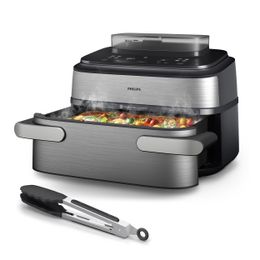 Philips Hei&szlig;luftfritteuse "NA565/02 Steam Airfryer 5000 Series Megabasket, 9,5L Kapazit&auml;t", silber edelstahl, schwarz, B:49,6cm H:35,5cm T:32,9cm, Fritteusen, mit Dampfgarfunktion u. RapidAir Plus Technologie; inkl. Servierzange
