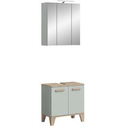 Badm&ouml;bel-Set Welltime "MINTTU, 2-teilige moderne Badkombi im SCANDI-Look, inkl. Beleuchtung", hellgr&uuml;n, eiche hell nachbildung, B:60cm H:190cm T:34cm, Kastenm&ouml;bel-Sets, Badm&ouml;bel-Set, Bad-Kombination, Bad-M&ouml;bel, Badezimmer, Kombination, Kombi, Bad-Set