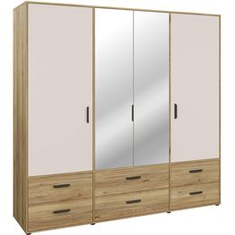 Dreht&uuml;renschrank FORTE "Schrank mit Spiegel, zeitloses Design, 4t&uuml;rig", mauvella eiche, sand, B:205,9cm H:200,1cm T:52,7cm, Holzwerkstoff, Schr&auml;nke, Dreht&uuml;renschrank, viel Stauraum, Schubladen, Spiegelt&uuml;renm H&ouml;he 200 cm
