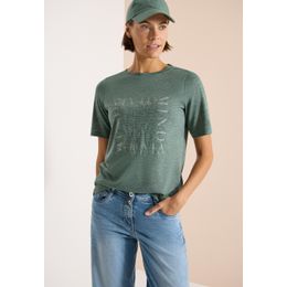 T-Shirt Cecil, Damen, Gr. L (42), just khaki, Stoff, 55% Polyester, 45% Viskose, bedruckt, comfort fit normal, U-Boot-Ausschnitt, normaler Saum, Shirts T-Shirt, mit Wording