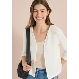 Shirtjacke Cecil, Damen, Gr. L (42), vanillewei&szlig;, Jersey, Obermaterial: 64% Polyester, 34% Viskose, 2% Elasthan, unifarben, l&auml;ssig geschnitten h&uuml;ftbedeckend, V-Ausschnitt, abgesteppte Kante, Shirts Shirtjacke, Offene 3/4-Arm Jacke im Ajour-Look