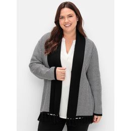 sheego Gro&szlig;e Gr&ouml;&szlig;en Strickjacke mit Fransen am Saum, schwarz-wei&szlig;, Gr&ouml;&szlig;e 52/54 - Damen