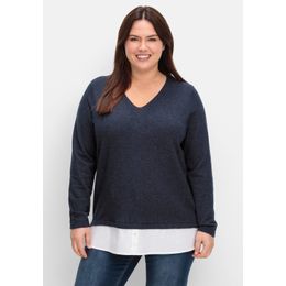 sheego Gro&szlig;e Gr&ouml;&szlig;en Feinstrickpullover mit Blusen-Einsatz am Saum, tiefblau-meliert, Gr&ouml;&szlig;e 56/58 - Damen