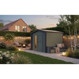 Gartenhaus Weka "Killarney", gr&uuml;ngrau, anthrazit, ohne Fu&szlig;boden, ohne Dacheindeckung, Massivholz, Gartenh&auml;user, Gartenhaus, Doppelt&uuml;r, 1 1/2 Seite mit Fenster, inkl. Sitztruhe