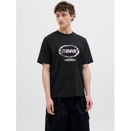 Jack & Jones T-Shirt JACK & JONES "JCOLIDO AOP FRONT PRINT TEE SS CREW NECK", Herren, Gr. S, schwarz, Jersey, Obermaterial: 100% Baumwolle, bedruckt, regular fit taillenbedeckt, Rundhals, gerader Abschluss, Shirts T-Shirt, mit Frontprint