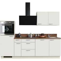 K&uuml;chenzeile KOCHSTATION "KS-Scafa, vormontiert, mit h&ouml;henverstellbaren F&uuml;&szlig;en", beige (k&uuml;che: natur, korpus: magnoliafarben, arbeitsplatte: walnuss braun nachbildung), B:260cm T:60cm, Komplettk&uuml;chen-Sets, K&uuml;chenzeile, Soft-Close, wahl. mit E-Ger&auml;ten inkl. Geschirrsp&uuml;ler, Breite 260 cm