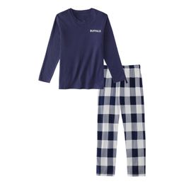 Pyjama Buffalo, Jungen, Gr. 122/128, blau (navy, sanftes wei&szlig; kariert), Jersey, Obermaterial: 100% Baumwolle, kariert, Basic, bequem lang, Rundhals, abgesteppte Kante, Homewear-Sets Pyjama, Schlafanzug im coolen Karolook