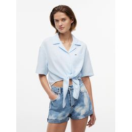 Kurzarmbluse Tommy Jeans "TJW TEXTURED TIE FRONT SS SHIRT", Damen, Gr. L (42/44), kingly blau, Web, Obermaterial: 100% Baumwolle, unifarben, taillenlang, V-Ausschnitt, Blusen, Baumwolle, Brusttasche, Saum zum Knoten