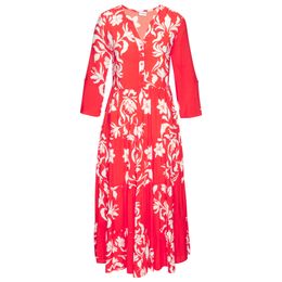 Maxikleid Lascana, Damen, Gr. 34, N-Gr, blau (rot, wei&szlig; bedruckt), Web, Obermaterial: 100% Viskose, bedruckt, figurumspielend lang, Rundhals, mit Riegel, Kleider Maxikleid, mit Blumenprint und Knopfleiste, Sommerkleid, Strandkleid