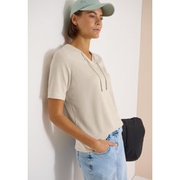 T-Shirt Cecil, Damen, Gr. L (42), pearl beige, Stoff, 53% Viskose, 41% Polyester, 6% Elasthan, unifarben, comfort fit normal, V-Ausschnitt, abgesteppt, Shirts T-Shirt, mit Materialmix