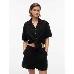 Kurzarmbluse Tommy Jeans "TJW TEXTURED TIE FRONT SS SHIRT", Damen, Gr. L (42/44), schwarz, Web, Obermaterial: 100% Baumwolle, unifarben, taillenlang, V-Ausschnitt, Blusen, Baumwolle, Brusttasche, Saum zum Knoten