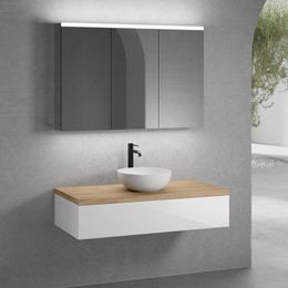 neoro n50 Unterschrank B: 120 cm mit 1 Auszug, Waschtisch &Oslash; 45 cm wei&szlig; matt, mit Spiegelschrank,, BN0106WM+BN0414WH+BN0404W1+BN0475MI,