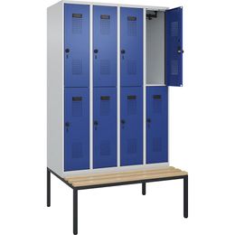 Doppelstock-Spind Evolo PLUS Sitzbank, 4 Abteile, lichtgrau / enzianblau, B 1200 mm, Sicherheits-Drehriegel, mit untergebauter Sitzbank, Buche kaiserkraft