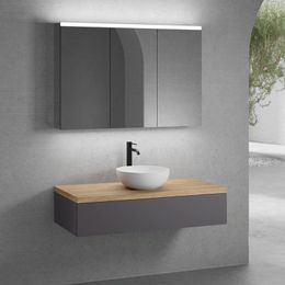 neoro n50 Unterschrank B: 120 cm mit 1 Auszug, Waschtisch &Oslash; 40 cm wei&szlig; matt, mit Spiegelschrank,, BN0064WM+BN0414GR+BN0404W1+BN0475MI,