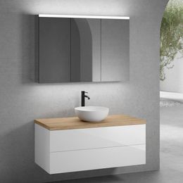 neoro n50 Unterschrank B: 120 cm mit 2 Ausz&uuml;gen, Waschtisch &Oslash; 40 cm wei&szlig; matt, mit Spiegelschrank,, BN0064WM+BN0424WH+BN0404W1+BN0475MI,