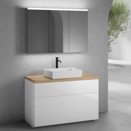 neoro n50 Unterschrank B: 120 cm mit 2 Ausz&uuml;gen, Waschtisch B: 58 cm wei&szlig; matt, mit Spiegelschrank,, BN0065WM+BN0444WH+BN0404W1+BN0475MI,