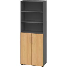 eurokraft pro B&uuml;roregalschrank, 5 Fachb&ouml;den, 6 Ordnerh&ouml;hen, davon 3 offen, graphit / Buche