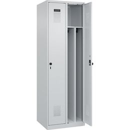 Schwarz-Wei&szlig;-Spind Evolo PLUS, schmal, 2 Abteile, verk&uuml;rzte Trennwand mittig, lichtgrau, B 600 mm, mit Bodengleitern, Sicherheits-Drehriegel kaiserkraft