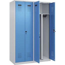 Schwarz-Wei&szlig;-Spind Evolo PLUS, 2 Abteile, verk&uuml;rzte Trennwand mittig, lichtgrau / lichtblau, B 1200 mm, mit Bodengleitern, Sicherheits-Drehriegel kaiserkraft
