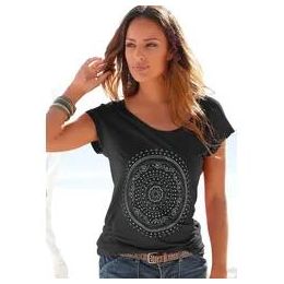 Strandshirt Lascana, Damen, Gr. 48/50, schwarz, Jersey, Obermaterial: 100% Viskose, unifarben, figurumspielend h&uuml;ftlang, Rundhals, Shirts, mit Print und gl&auml;nzendem Effekt, Ethno-Look, casual, Topseller