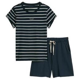 Marc O'Polo Shorty MARC O'POLO "Mix N Match Cotton Pyjama Set Short", Damen, Gr. S, schwarz navy gestreift, Jersey, Obermaterial: 100% Baumwolle, bequem kurz, Rundhals, mit Aufschlag, Homewear-Sets Shorty, mit Streifen, Gummizug, Bindeband und seitlichen Taschen