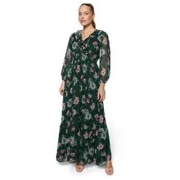 Chiffonkleid Zero "Damen langarm mit Blumen", Damen, Gr. 38, Normalgr&ouml;&szlig;en, dunkelgr&uuml;n, pink, Chiffon, Obermaterial: 100% Polyester, bedruckt, A-Linie lang, V-Ausschnitt, Kleider Chiffonkleid, R&uuml;schen
