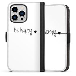 DeinDesign iPhone 13 Pro Handy Klapph&uuml;lle Handyh&uuml;lle aus Kunst Leder schwarz Flip Case Statement Happiness Sayings Sideflip mit Lasche