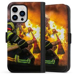DeinDesign iPhone 13 Pro Handy Klapph&uuml;lle Handyh&uuml;lle aus Kunst Leder schwarz Flip Case Life Saver Fire Fighters Fire Sideflip mit Lasche