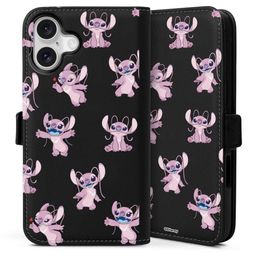 DeinDesign iPhone 16 Plus Handy Klapph&uuml;lle Handyh&uuml;lle aus Kunst Leder schwarz Flip Case Lilo & Stitch Angel Disney Sideflip mit Lasche