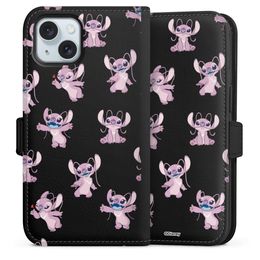 DeinDesign iPhone 15 Handy Klapph&uuml;lle Handyh&uuml;lle aus Kunst Leder schwarz Flip Case Lilo & Stitch Angel Disney Sideflip mit Lasche