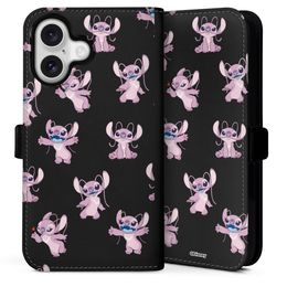 DeinDesign iPhone 16 Handy Klapph&uuml;lle Handyh&uuml;lle aus Kunst Leder schwarz Flip Case Lilo & Stitch Angel Disney Sideflip mit Lasche