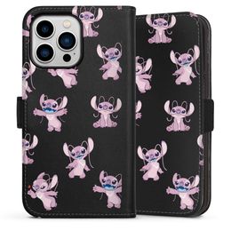 DeinDesign iPhone 13 Pro Handy Klapph&uuml;lle Handyh&uuml;lle aus Kunst Leder schwarz Flip Case Lilo & Stitch Angel Disney Sideflip mit Lasche