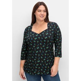 sheego Damen T-Shirt mit Blumenprint und Herzausschnitt, schwarz-gemustert, Gr&ouml;&szlig;e 56/58