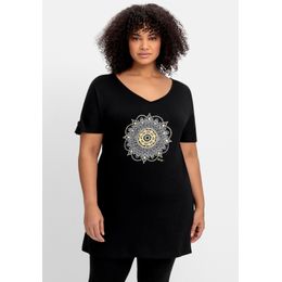 sheego Gro&szlig;e Gr&ouml;&szlig;en Longshirt mit Ornament-Frontdruck, schwarz, Gr&ouml;&szlig;e 48/50 - Damen