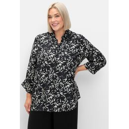 sheego Damen Hemdbluse mit Bl&auml;tterprint, schwarz-wei&szlig; gemustert, Gr&ouml;&szlig;e 56