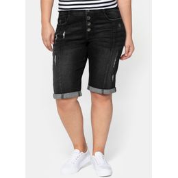 sheego Damen Jeansbermudas mit Destroyed-Effekten, black used denim, Gr&ouml;&szlig;e 48