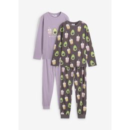 bonprix Pyjama aus reiner Bio-Baumwolle (4-tlg. Set), grau, Gr.164/170, Bequemes Pyjama Set mit Bubble Tea und Avocado Druck mit Bio-Baumwolle, 100% Baumwolle (organic)