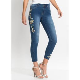 bonprix Skinny-Jeans Mid Waist cropped, blau, Gr.36, H&uuml;bsche Jeans mit verspielter Stickerei und Fransensaum, 76% Baumwolle