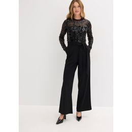 bonprix Overall mit Paillettenstickerei, schwarz, Gr.48, Modern und feminin: Overall mit Paillettenstickerei und Binde-Detail in der Taille