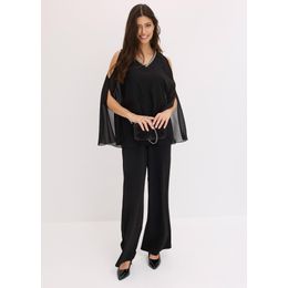 bonprix Overall mit &Uuml;berwurf und Strasssteinverzierung, schwarz, Gr.36, Modern und feminin: Overall aus strukturiertem Crepe mit kaschierendem &Uuml;berwurf aus feinem Chiffon und Strasssteinverzierungen am Ausschnitt