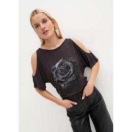 T-Shirt bonprix "Cold-Shoulder-Shirt aus Viskose", Damen, Gr. 36/38 (S), schwarz (dunkelgrau floral), Obermaterial: 100% Viskose, l&auml;ssig geschnitten, Shirts T-Shirt, Cold-Shoulder-Design, Halbarm, l&auml;ssige Passform, mit Blumen-Print