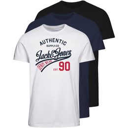 Jack & Jones Rundhalsshirt JACK & JONES "JJETHAN TEE SS CREW NECK 3PK MP NOOS", Herren, Gr. S, blau (schwarz, navy, wei&szlig;), Single Jersey, Obermaterial: 100% Baumwolle, unifarben, normal normal, Rundhals, Shirts Rundhalsshirt