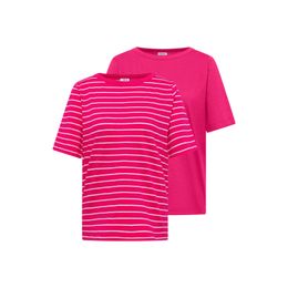T-Shirt Cecil, Damen, Gr. L (42), vanillewei&szlig;, beetroot pink, Web, 100% Baumwolle, gestreift, comfort fit normal, U-Boot-Ausschnitt, abgesteppt, Shirts T-Shirt, aus reiner Baumwolle
