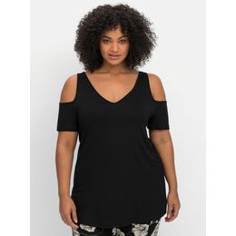 T-Shirt sheego "T-Shirt", Damen, Gr. 44/46, schwarz, 95% Viskose, 5% Elasthan, unifarben, V-Ausschnitt, Shirts T-Shirt