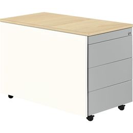 Mauser Schubladencontainer mit Rollen, HxT 579 x 800 mm, Kunststoffplatte, 3 Schubladen, reinwei&szlig; / wei&szlig;aluminium / Ahorn