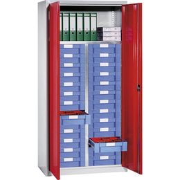 eurokraft pro Material- und Schubladenschrank, 1 Fachboden, 26 Schubladen, lichtgrau RAL 7035 / verkehrsrot RAL 3020