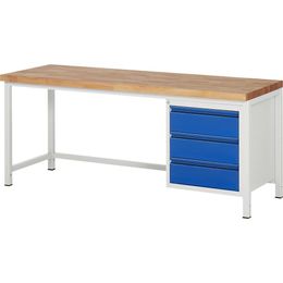 Rau Werkbank, Gestellbauweise Serie 8500, 3 Schubladen, Plattenbreite 2000 mm, enzianblau