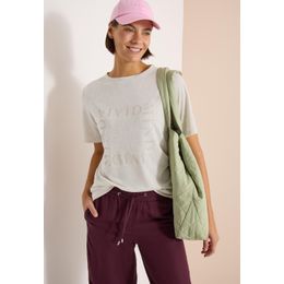 T-Shirt Cecil, Damen, Gr. L (42), macadamia beige, Stoff, 55% Polyester, 45% Viskose, bedruckt, comfort fit normal, U-Boot-Ausschnitt, normaler Saum, Shirts T-Shirt, mit Wording